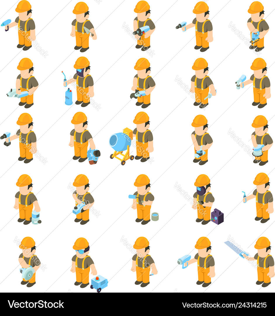 Worker and tool icons set isometric style Vector Image