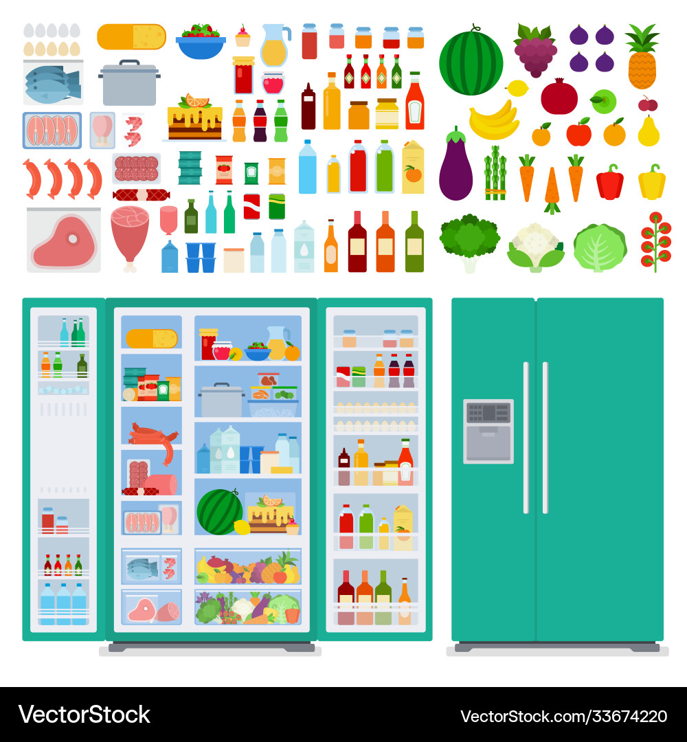 Image a green refrigerator and food Royalty Free Vector
