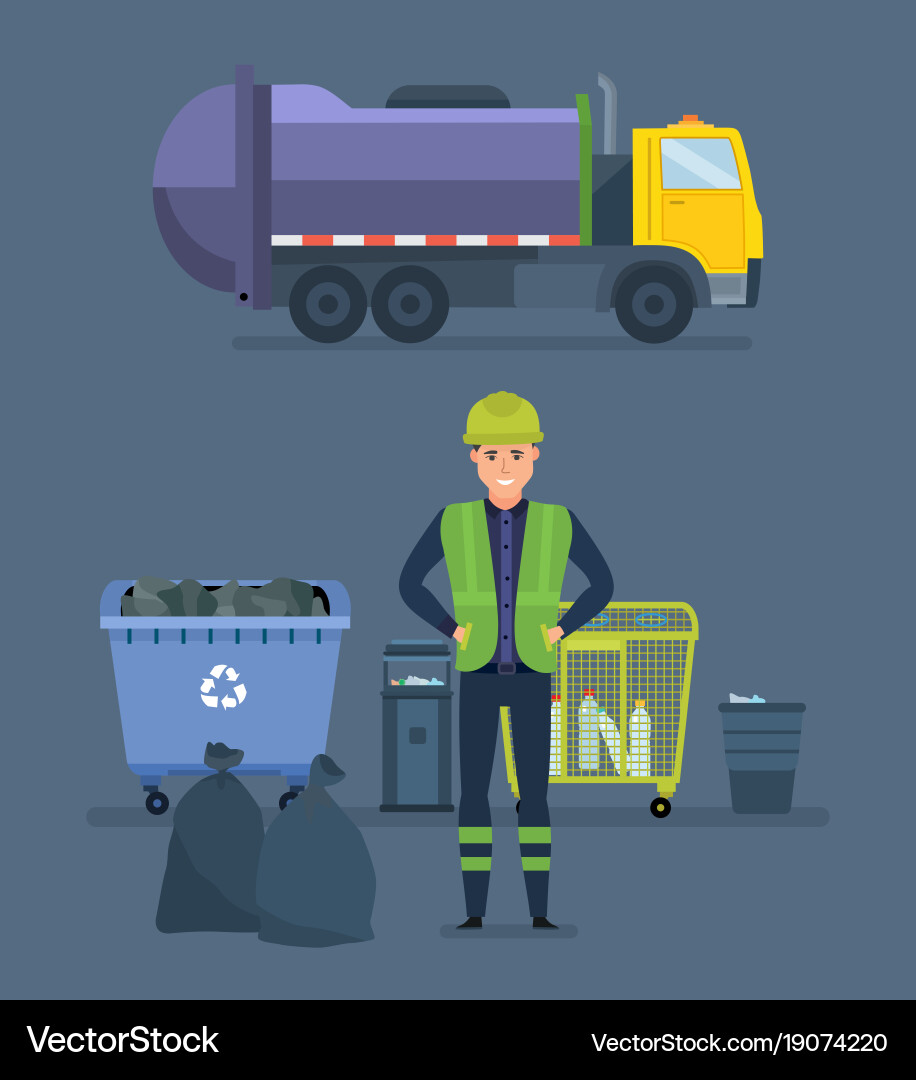 Worker collect garbage in garbage truck Royalty Free Vector