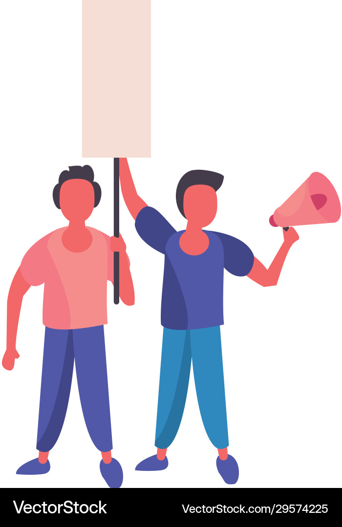 Activists men with protest banner and megaphone Vector Image