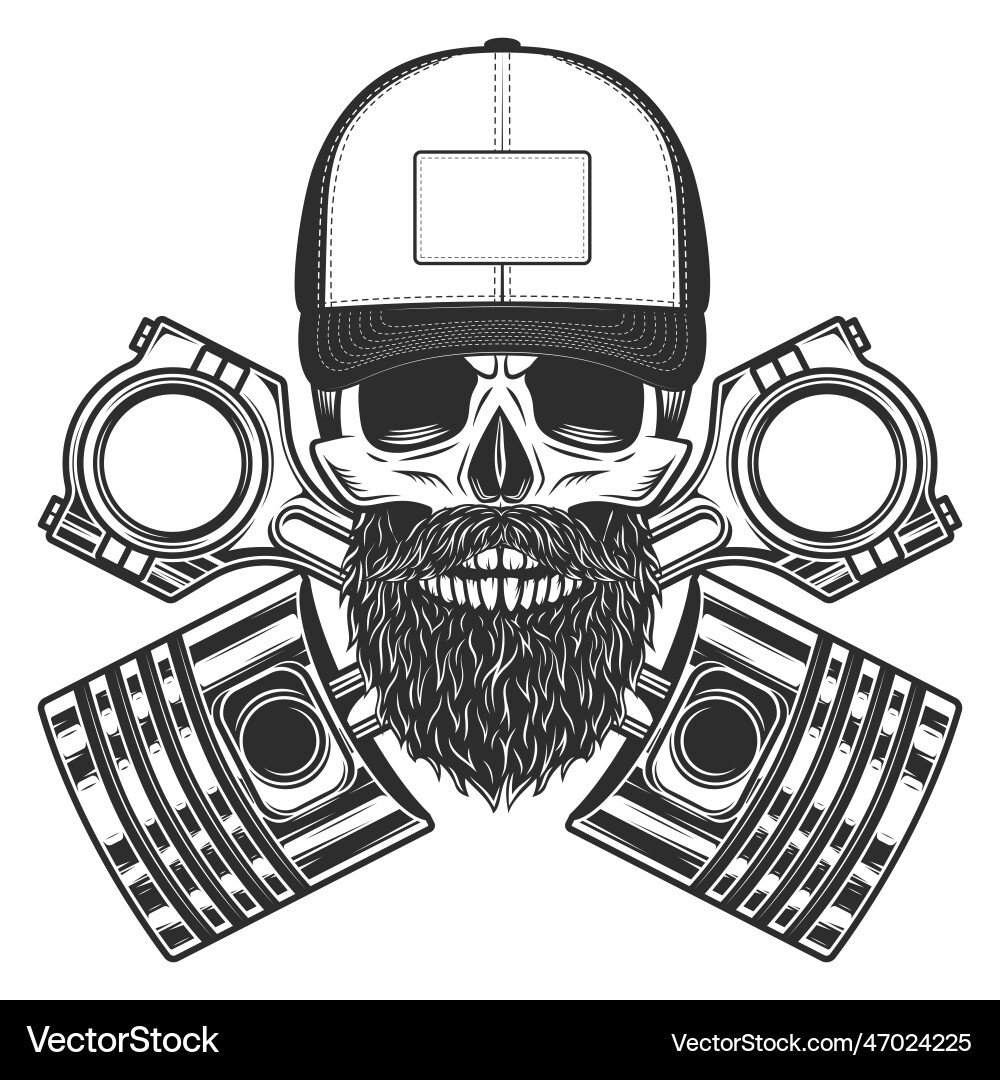 Biker skull with beard in baseball cap and piston Vector Image