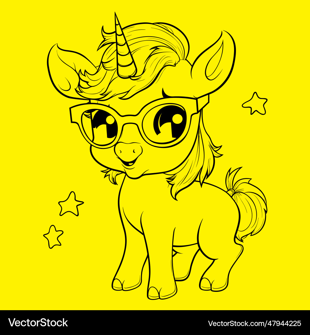 Black line unicorn on yellow background Royalty Free Vector