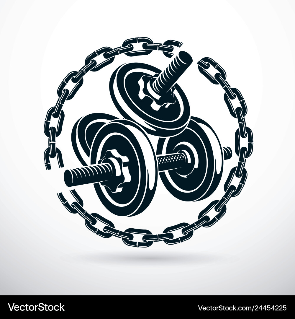 Dumbbell and disc weight surrounded by iron chain Vector Image