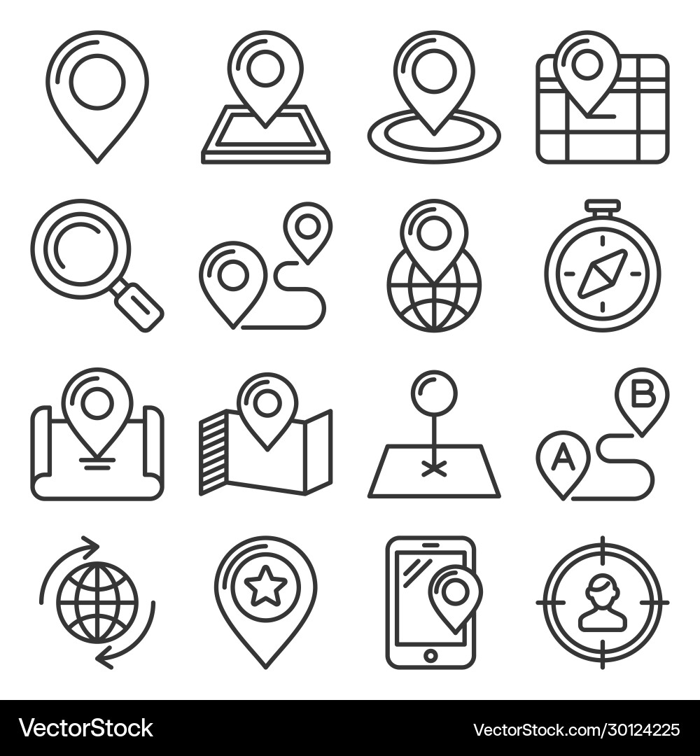 Map and location icons set on white background Vector Image