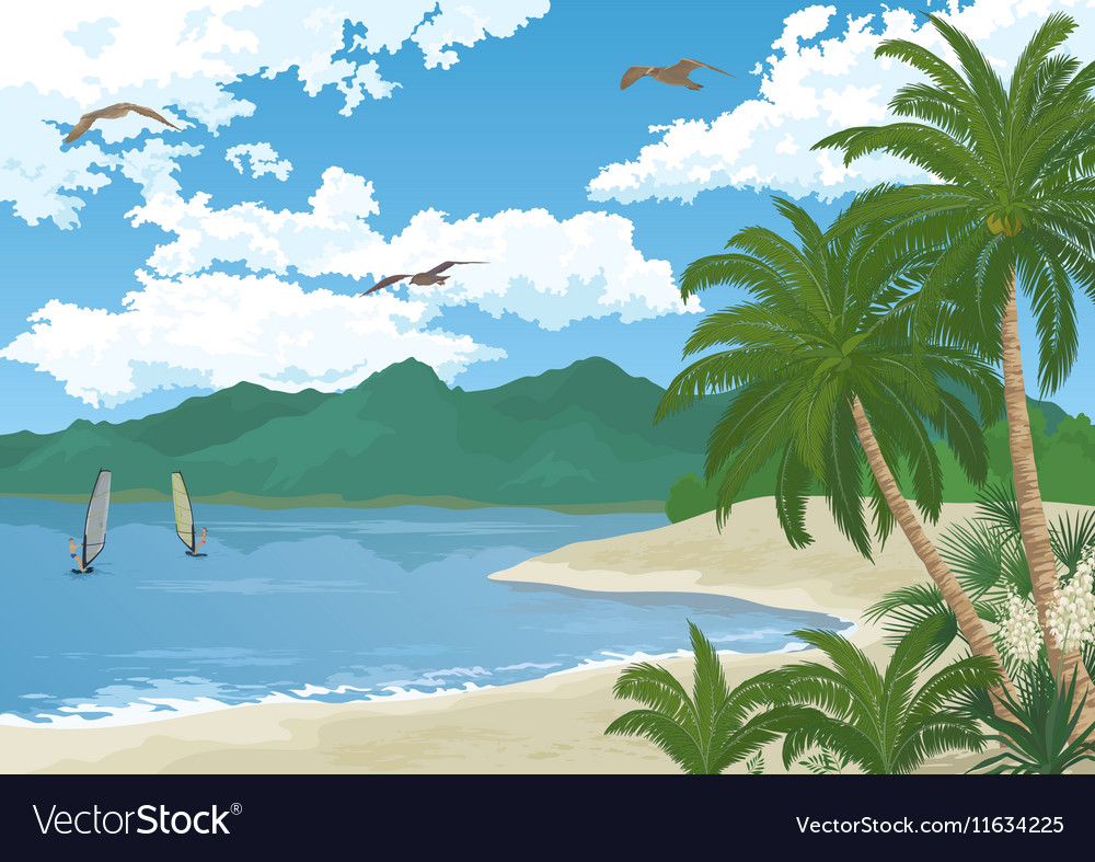 Sea landscape with palms and surfers Royalty Free Vector