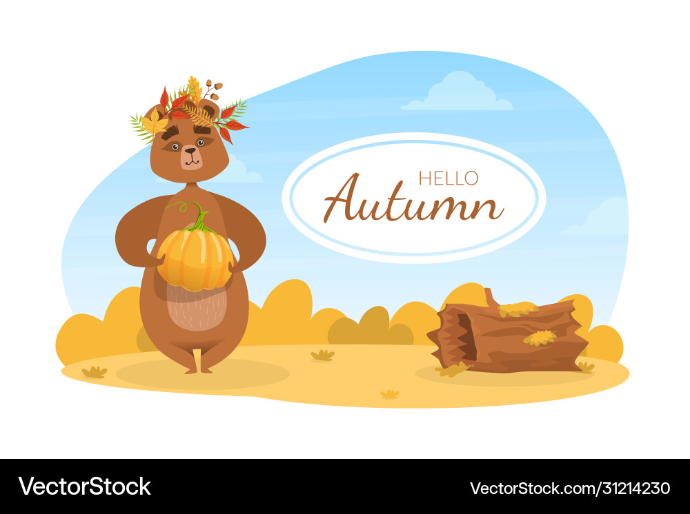 Hello autumn banner template cute brown bear Vector Image