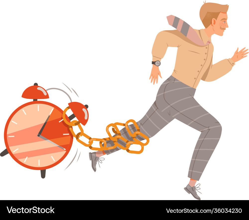 Man running with alarm clock chain tangled around Vector Image