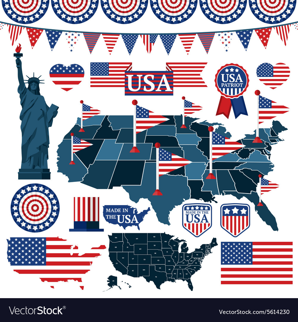 Set usa symbols flags and maps with states Vector Image
