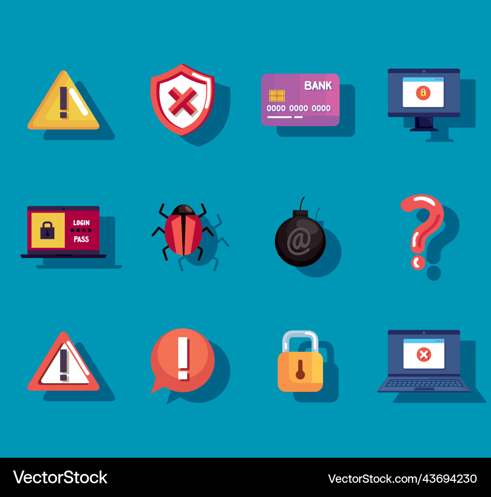 Twelve cyber fraud icons Royalty Free Vector Image