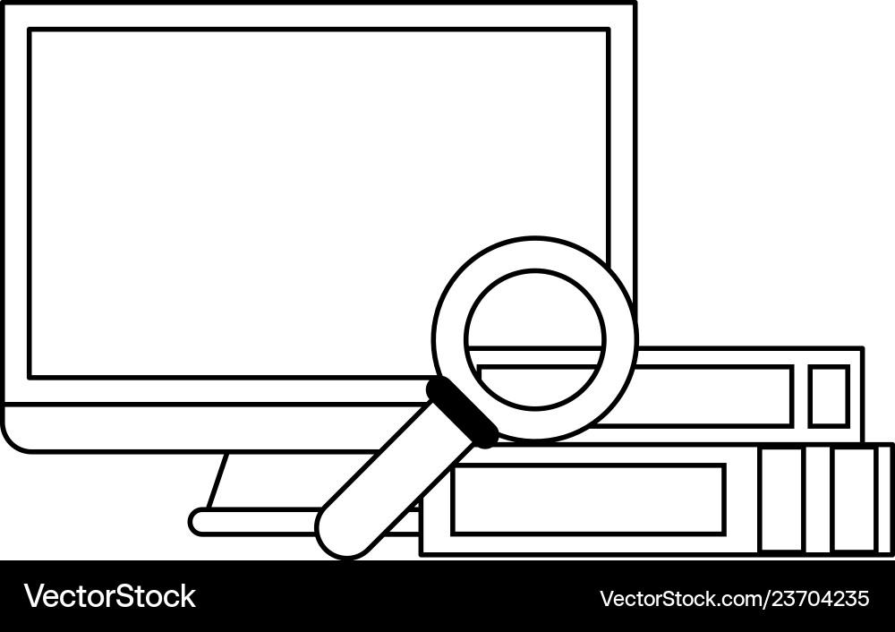 Computer and magnifying glass with books black Vector Image