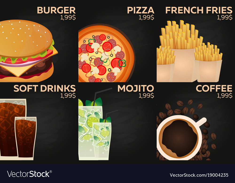Fast food restaurant menu burger pizza french Vector Image