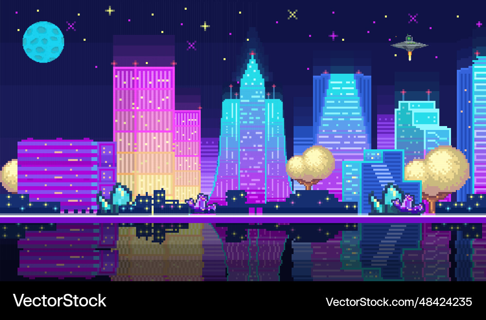 Night city landscape neon pixel background Vector Image