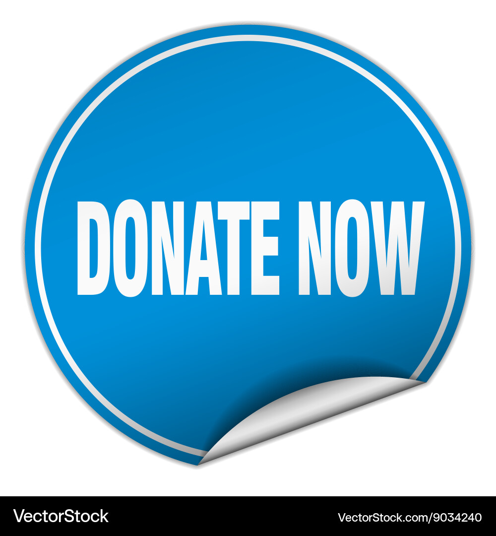 Donate now round blue sticker isolated on white Vector Image