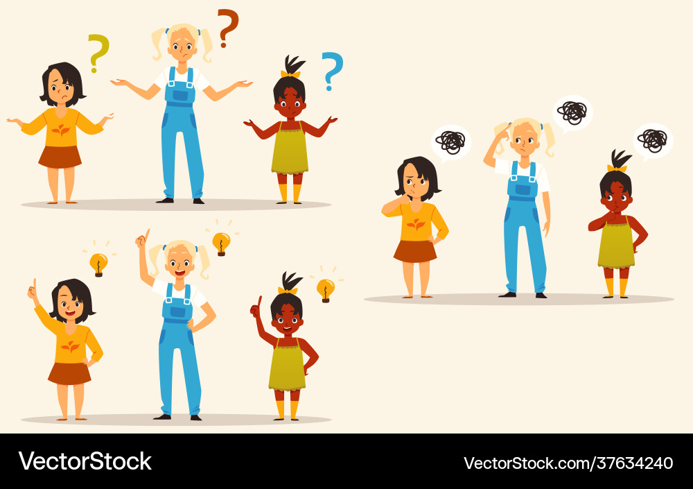 Group little pensive girls thinking flat Vector Image