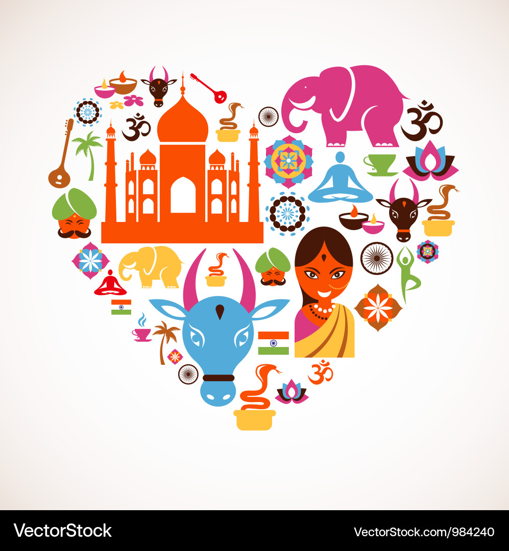 Heart with india icons Royalty Free Vector Image