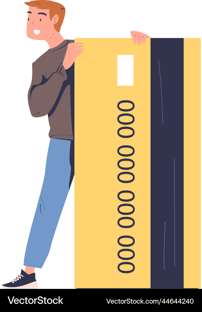 Man character with huge plastic debit or credit Vector Image