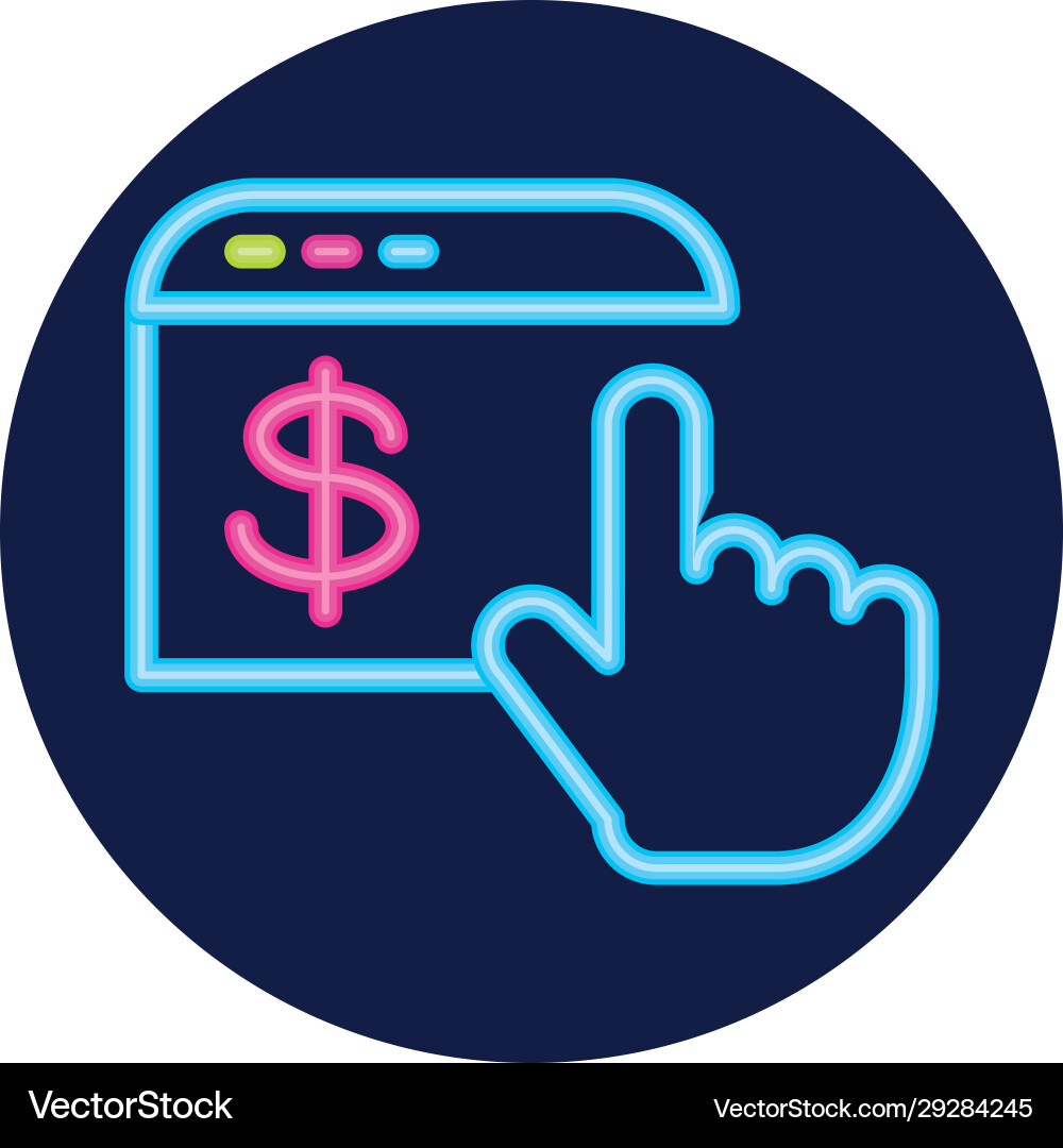 Isolated neon dollar website and hand Royalty Free Vector
