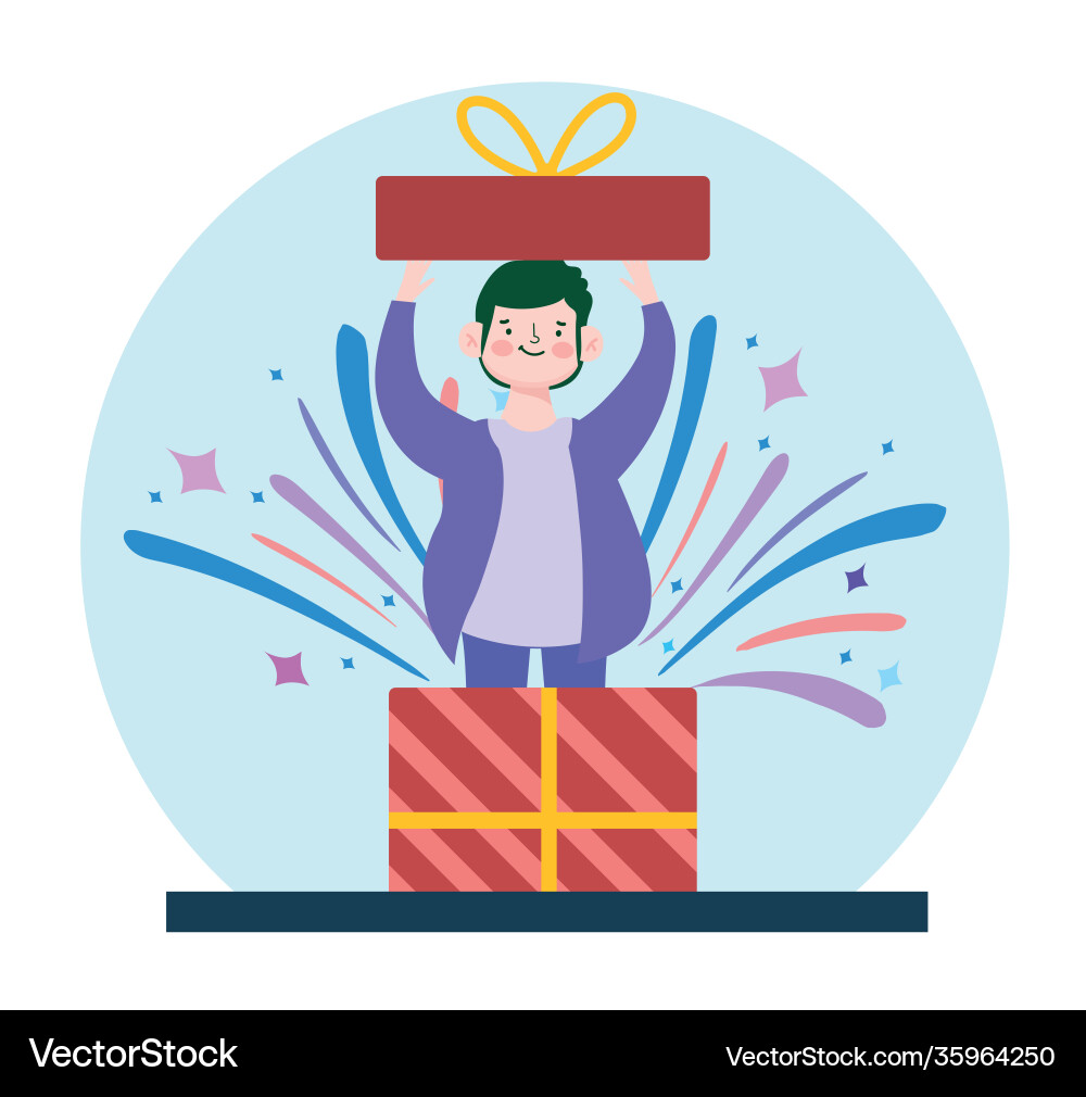 Boy inside gift box party celebration cartoon Vector Image