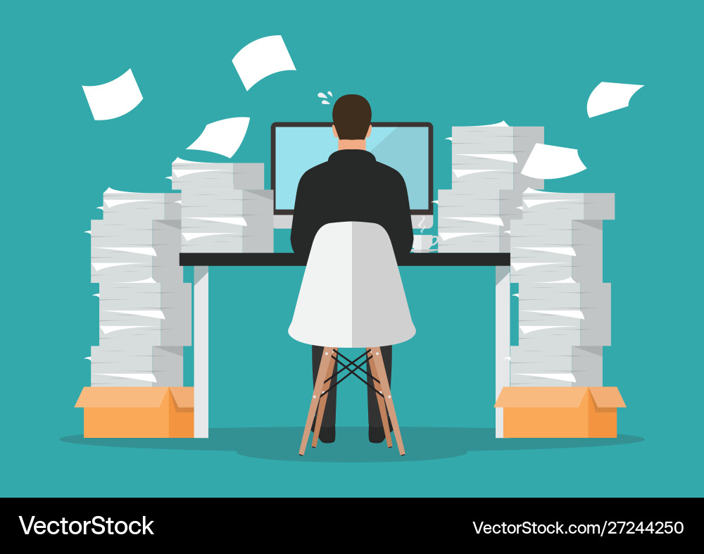 Busy businessman working on computer with pile Vector Image