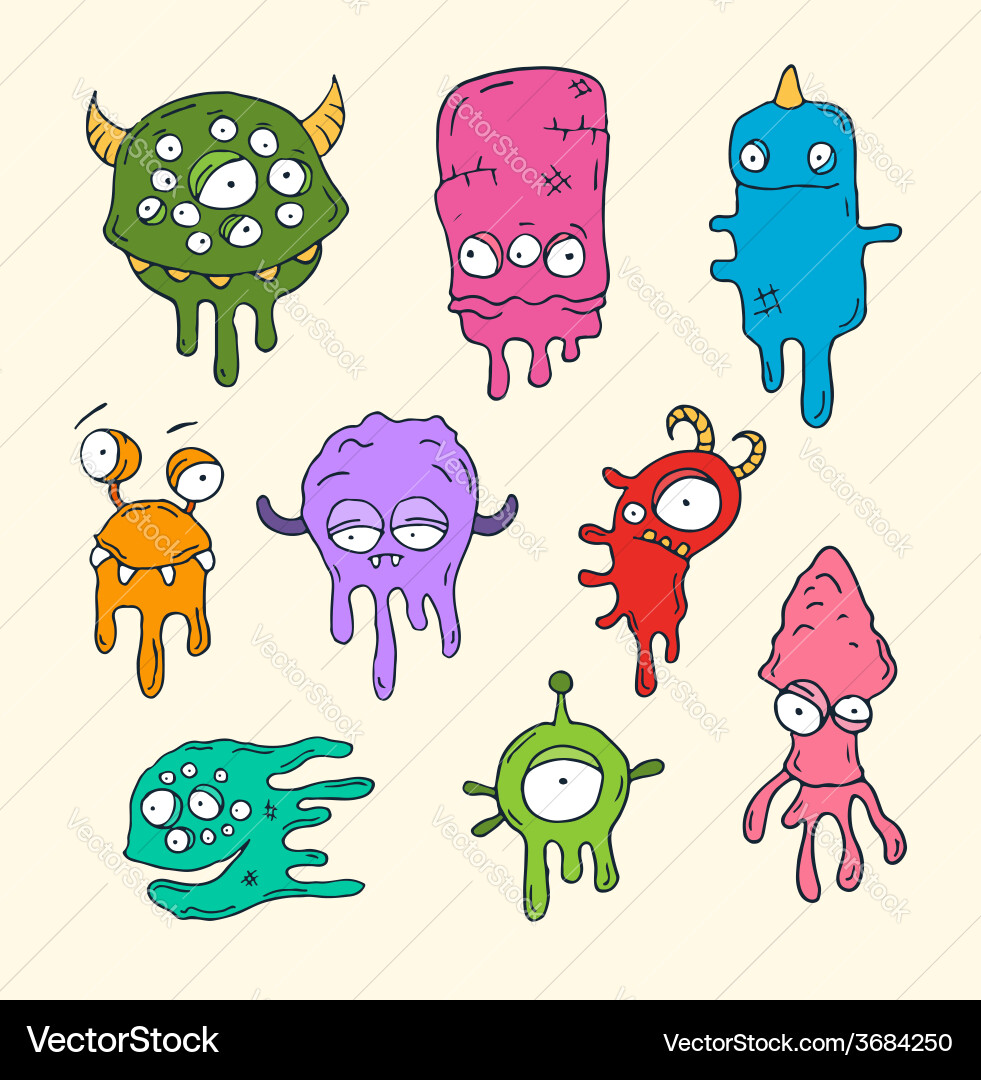 Friendly cool cute hand-drawn monsters collect Vector Image