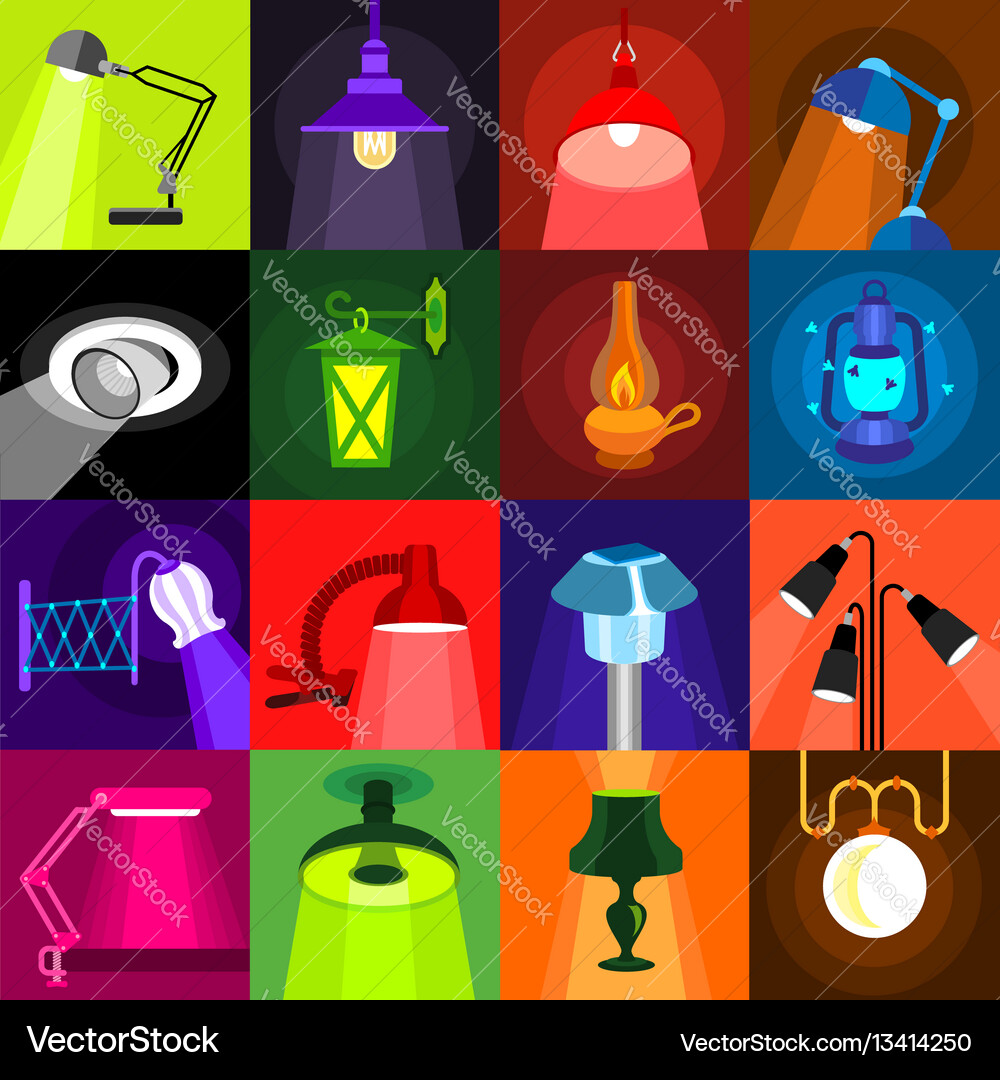 Lamp glow icons set flat style Royalty Free Vector Image