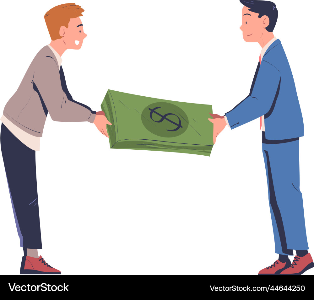 Man character giving huge stack of dollar banknote