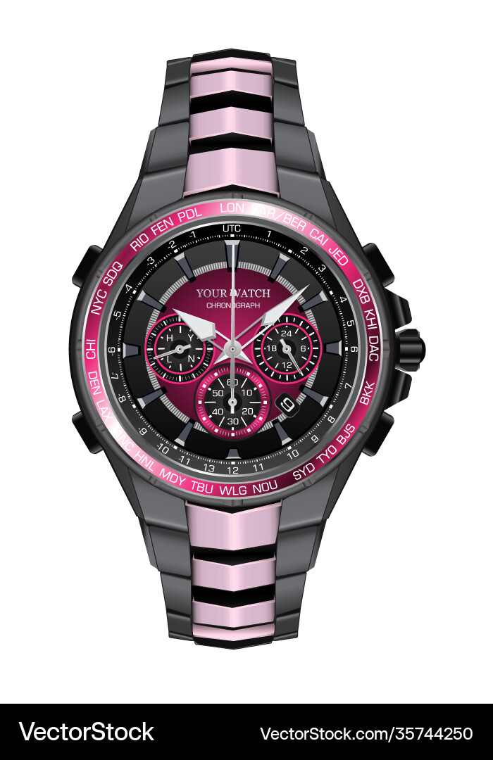 Realistic watch clock chronograph pink black Vector Image