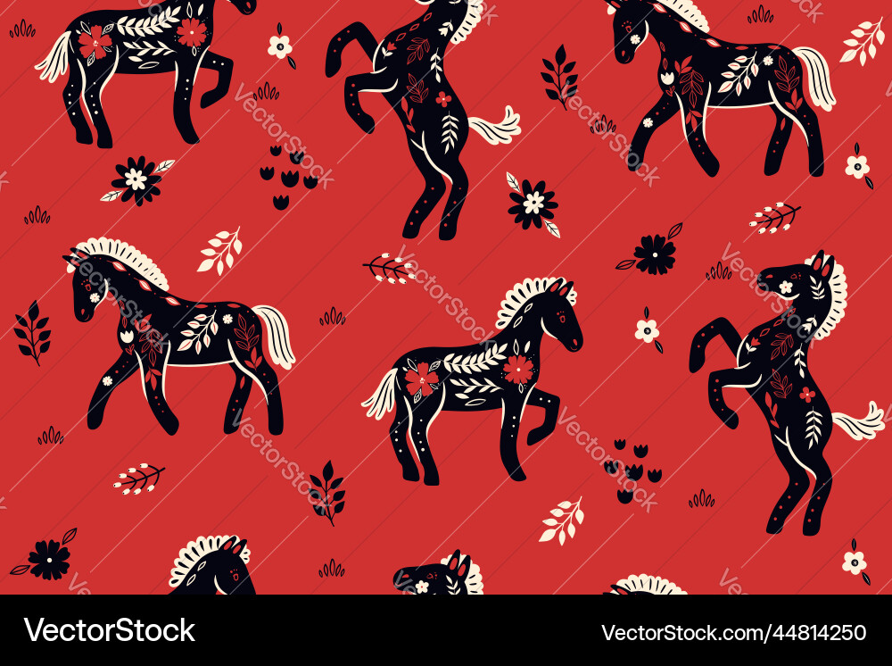 Seamless pattern with horses with floral ornament Vector Image