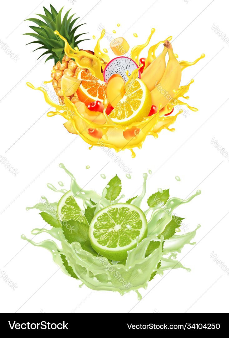 Set fruit juice splash whole and sliced Royalty Free Vector