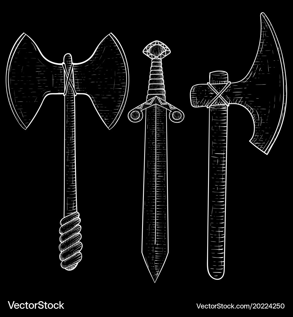 Set viking weapons hand drawn sketch on black Vector Image