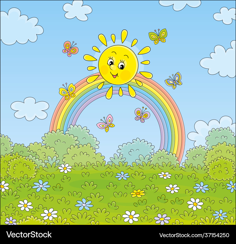 Smiling sun and a colorful rainbow Royalty Free Vector Image