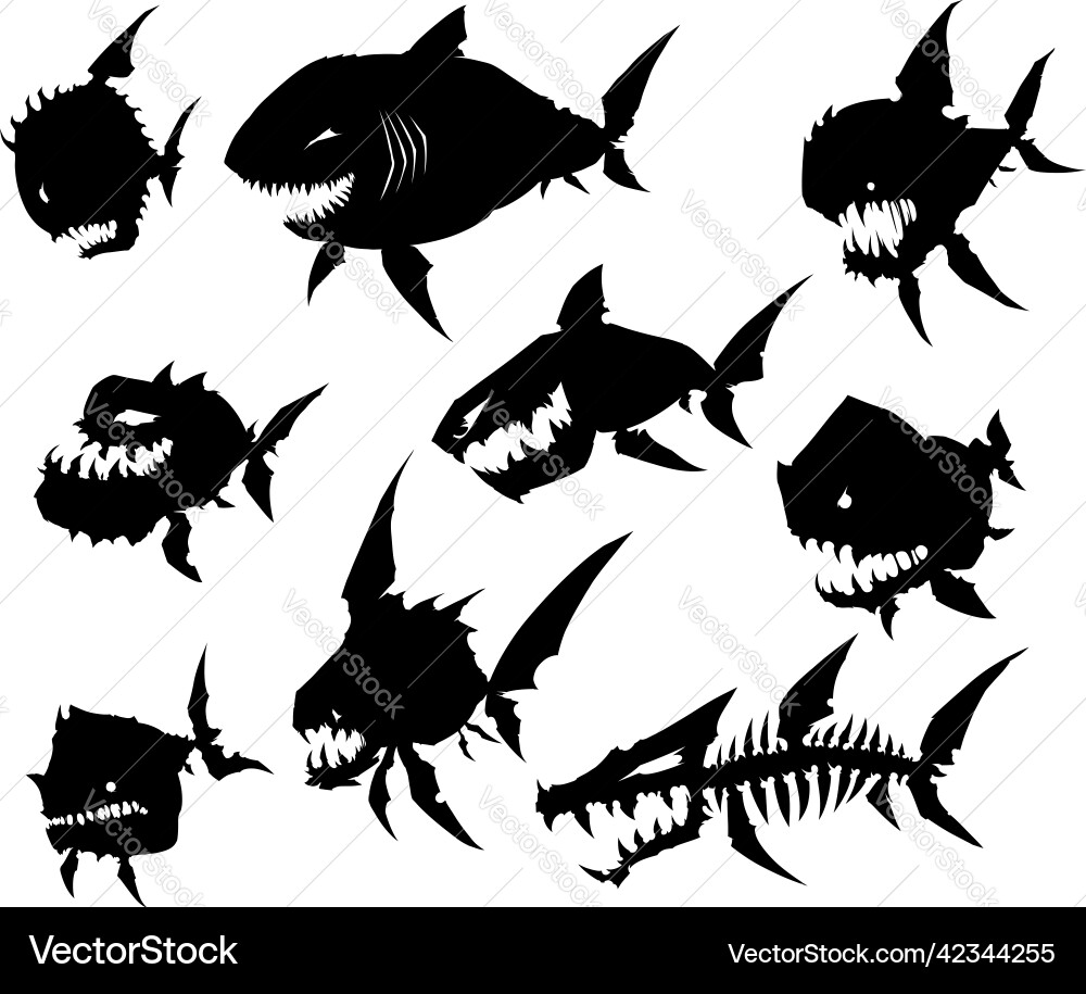 Black graphic silhouette cool monster fish set Vector Image