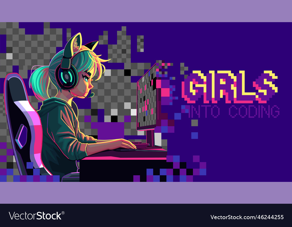Girl programmer with a headset sits in front Vector Image