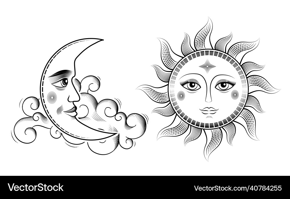 Sun and moon mystical elements in boho style Vector Image
