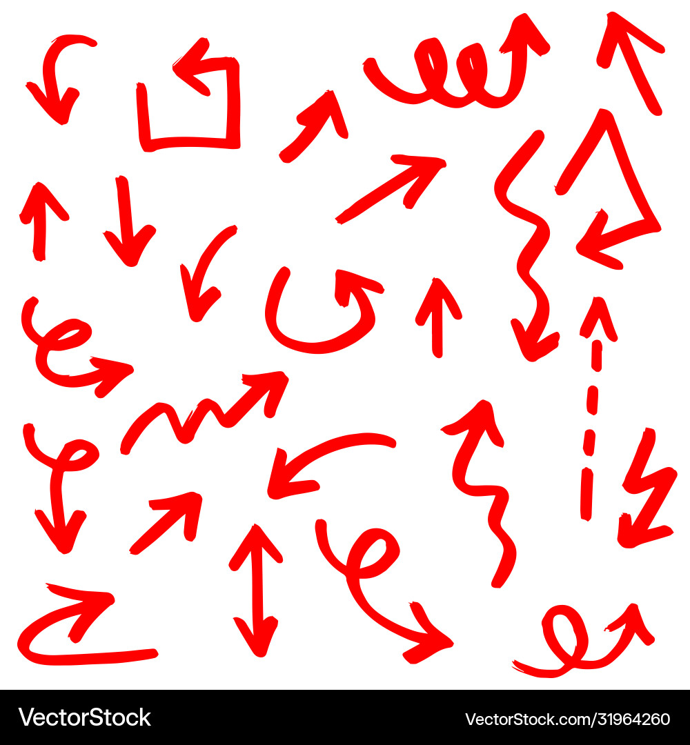 Set hand drawn red arrow lines isolated on Vector Image