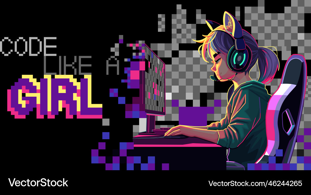 Asian girl programmer with a headset sits in front