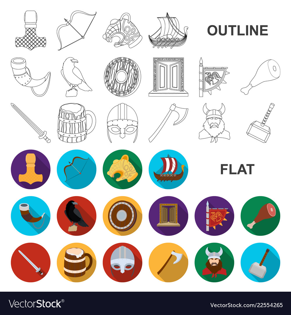 Vikings and attributes flat icons in set Vector Image