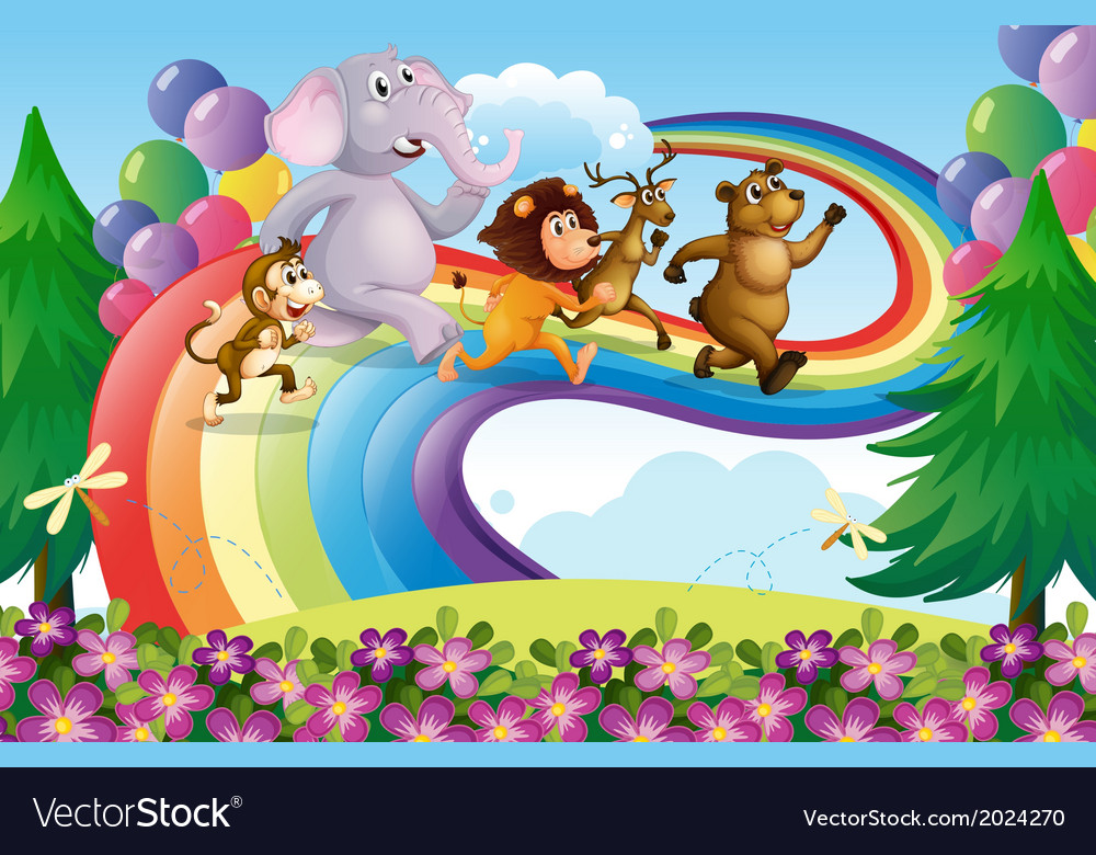 A group of animals at the rainbow Royalty Free Vector Image