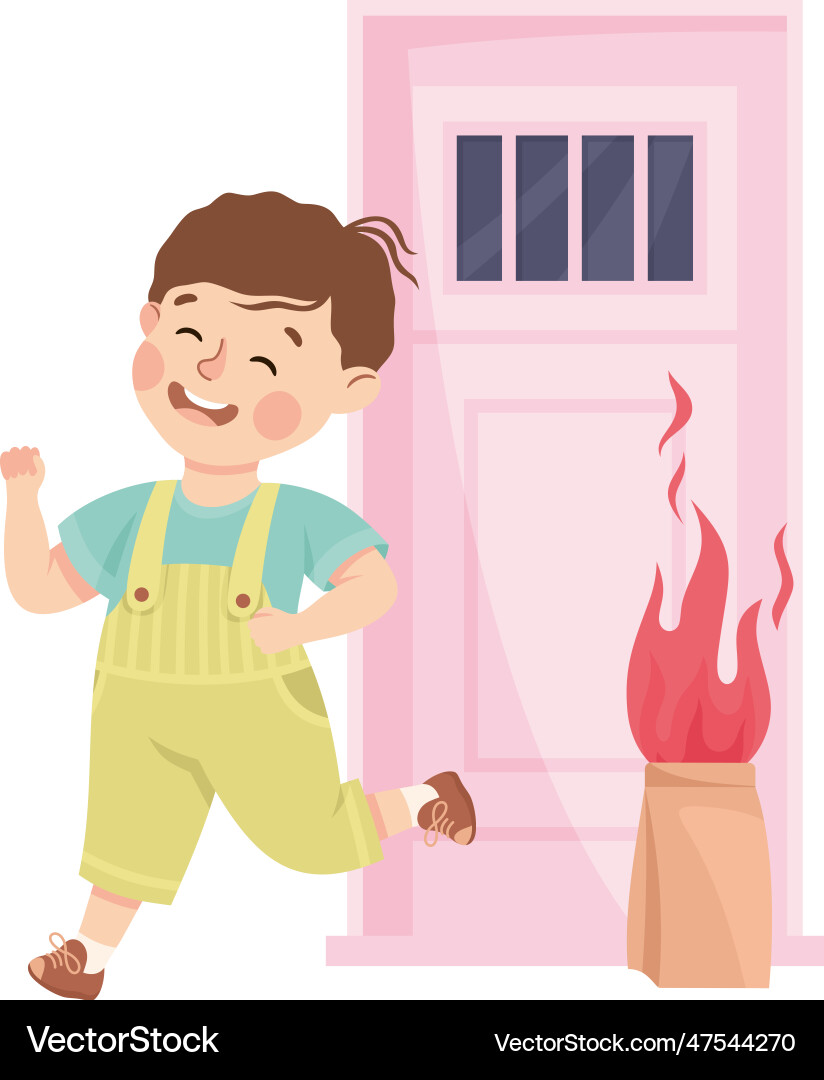 Little boy setting fire to paper package run away Vector Image