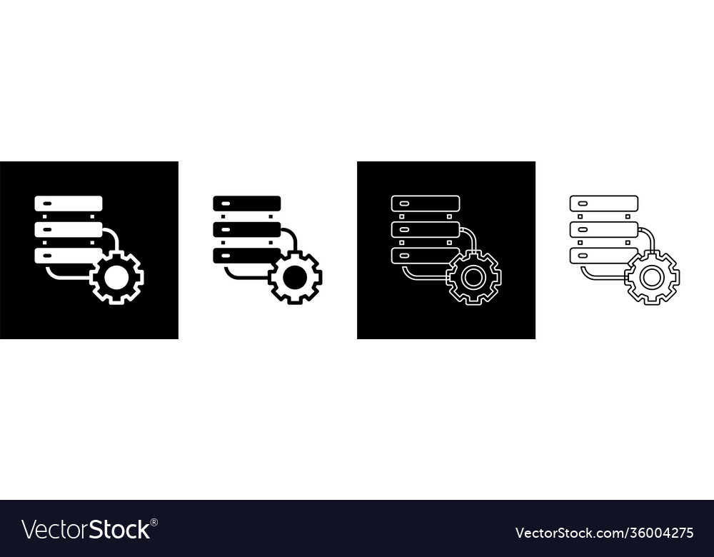 Set server and gear icon isolated on black Vector Image