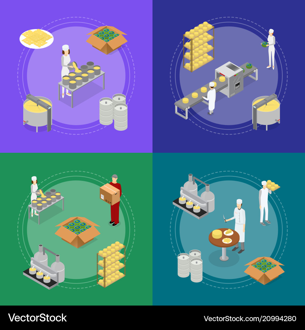 Factory cheese production line banner card set Vector Image