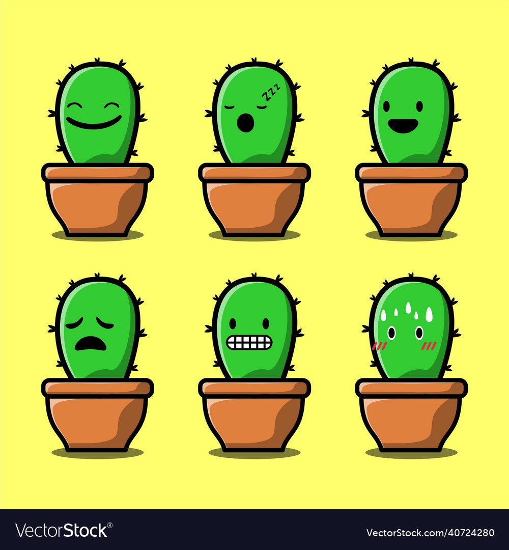 Set cartoon of green cactus with emotions Vector Image