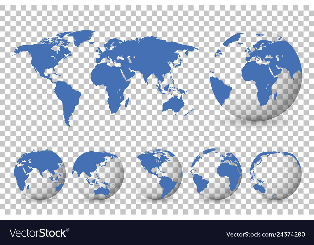 Set of globes with different continents and a map Vector Image