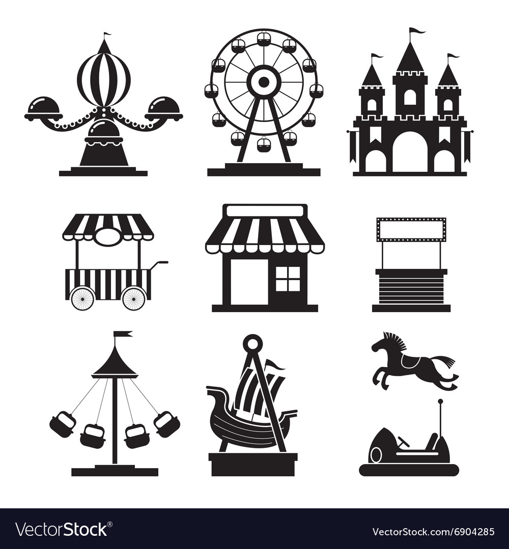 Amusement park objects icons mono set Royalty Free Vector Amusement park objects icons mono set Royalty Free Vector