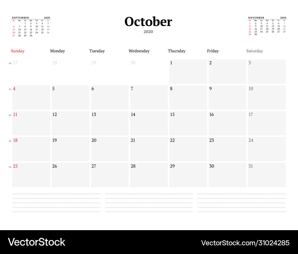 Calendar template for october 2020 business Vector Image