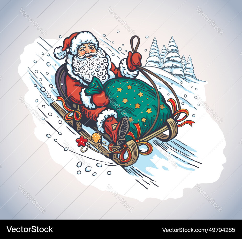 Happy santa with gift bag rides sledding down the Vector Image