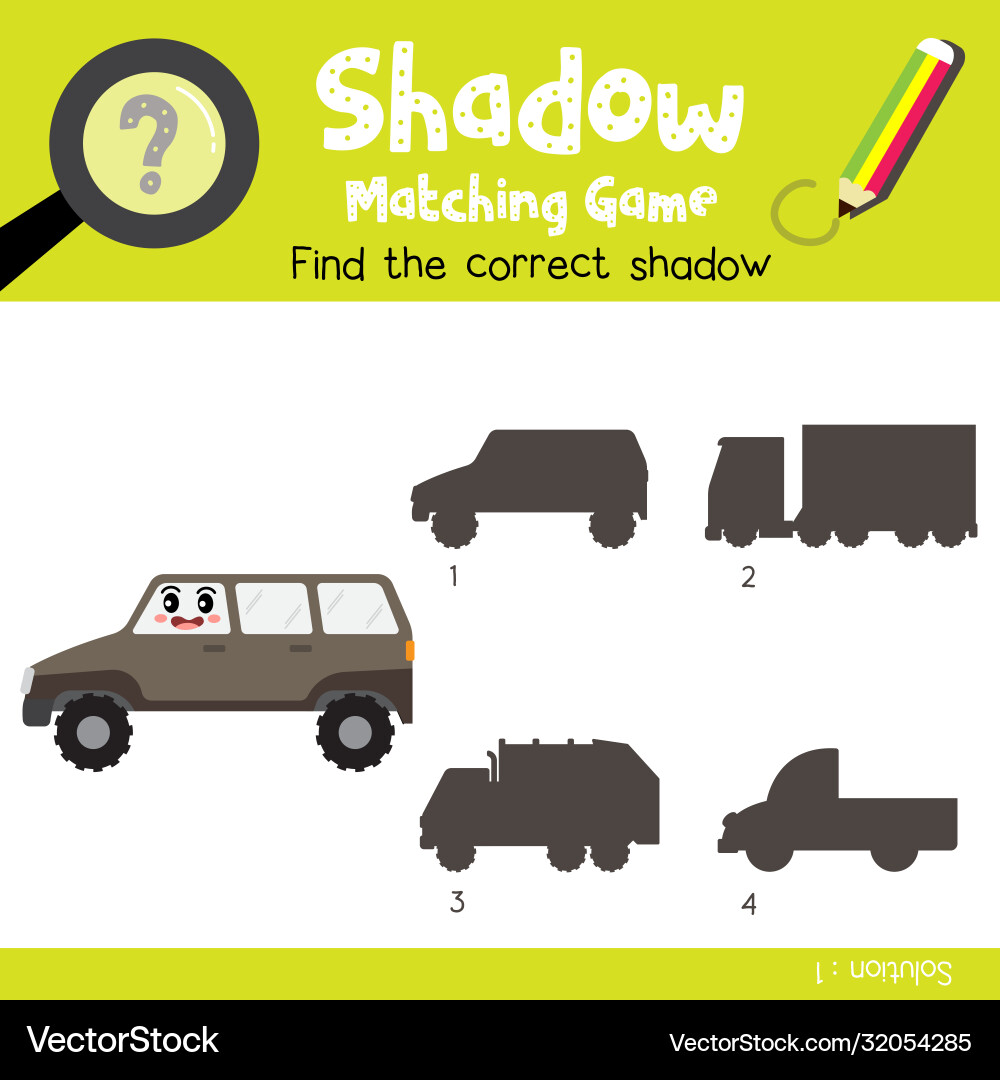 Shadow matching game humvee cartoon character Vector Image