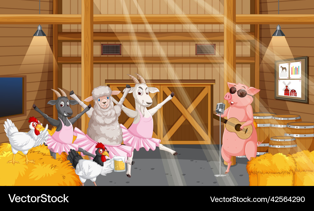 Barn indoor scene with farm animals Royalty Free Vector
