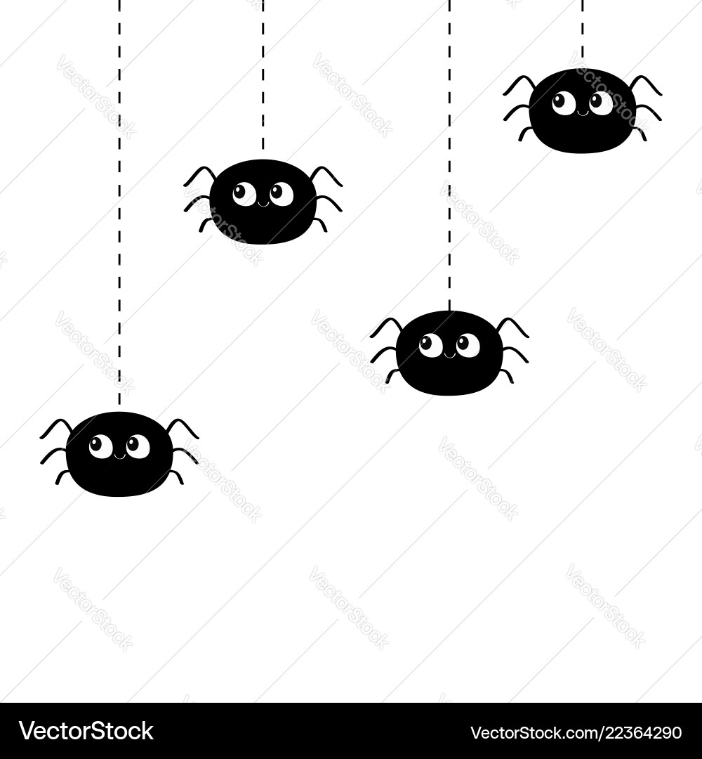 Four hanging black spiders on dash line web happy Vector Image
