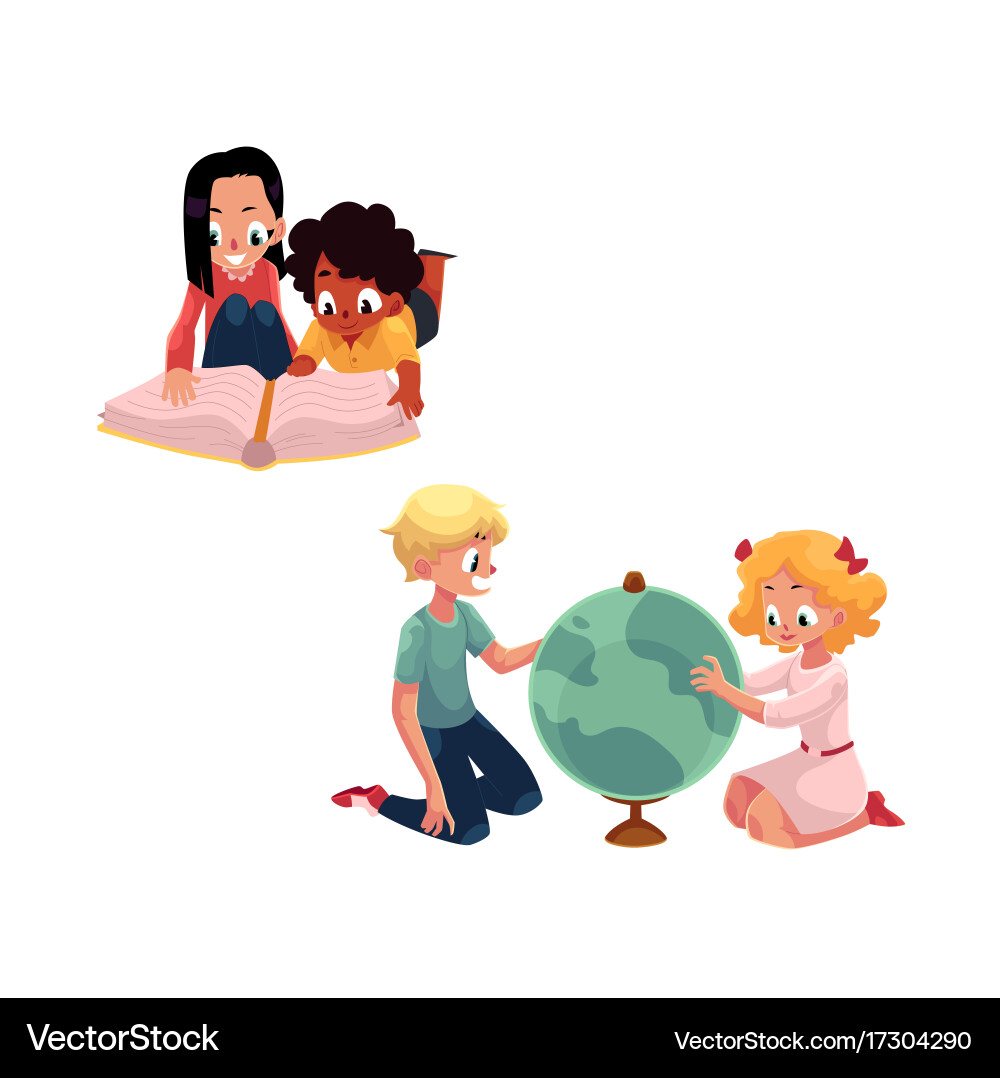 Kids children studying a globe reading a book Vector Image